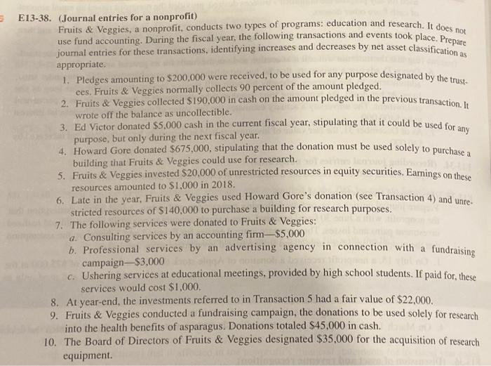 Solved 13-38. (Journal entries for a nonprofit) Fruits \& | Chegg.com