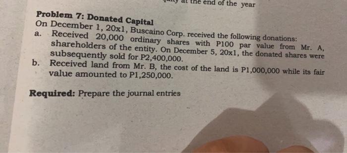 Solved end of the year a. Problem 7: Donated Capital On | Chegg.com