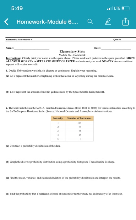Solved 5 49 Lte Homework Module 6 Elementary Stats