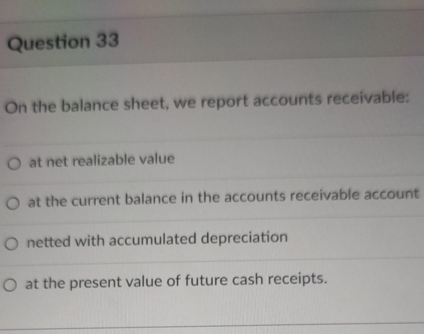 Solved Question 33 On the balance sheet, we report accounts | Chegg.com