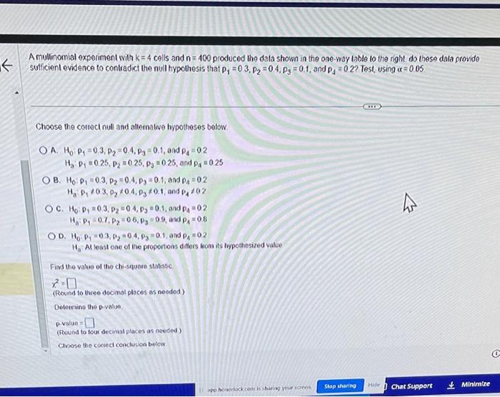 multinomial experiment with k=4 cells and n=400 | Chegg.com