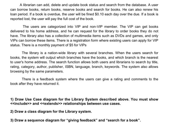Solved A librarian can add, delete and update book status | Chegg.com