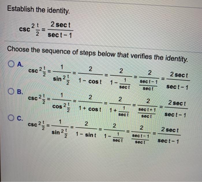 Solved Establish the identity. 2 t CSC 2 2 sect sect-1 | Chegg.com