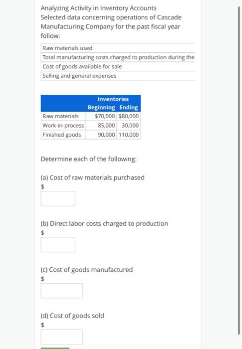 Solved Analyzing Activity in Inventory Accounts Selected | Chegg.com