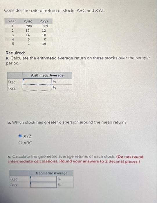 Solved Consider the rate of return of stocks ABC and XYZ. | Chegg.com