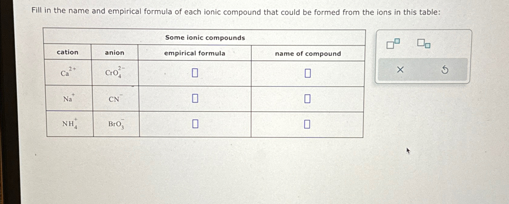 Solved Fill in the name and empirical formula of each ionic | Chegg.com