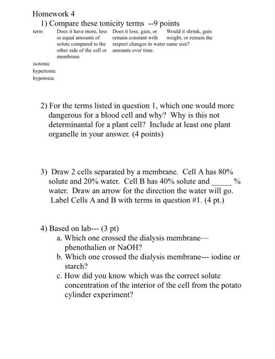 Solved Homework 4 1) Compare these tonicity terms --9 points | Chegg.com
