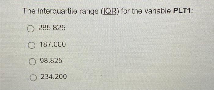 Solved The interquartile range (IQR) for the variable PLT1: | Chegg.com