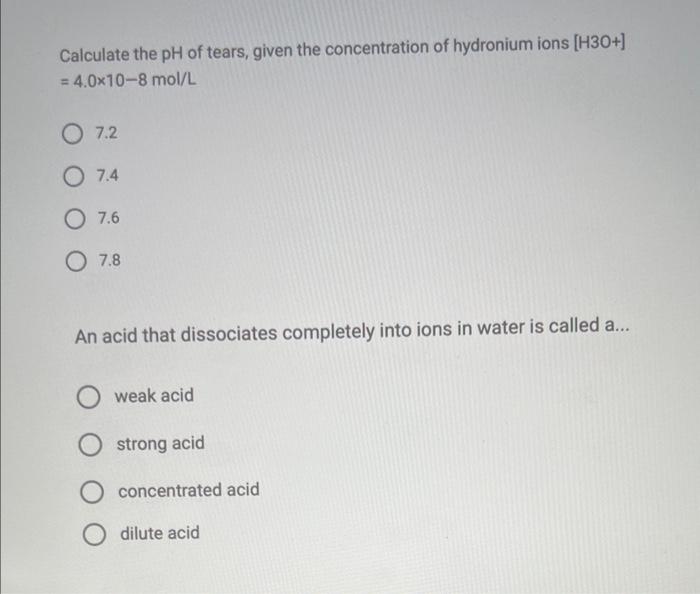 Solved Calculate the pH of tears, given the concentration of | Chegg.com