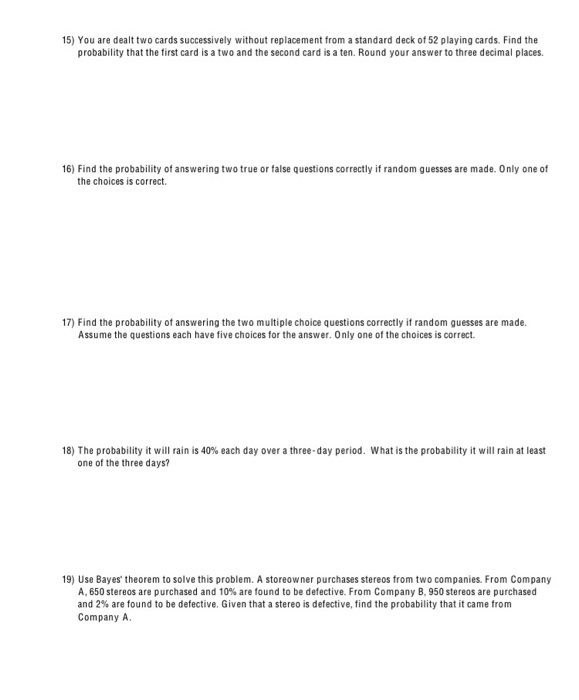 Solved Probability Worksheet MULTIPLE CHOICE. Choose the one | Chegg.com
