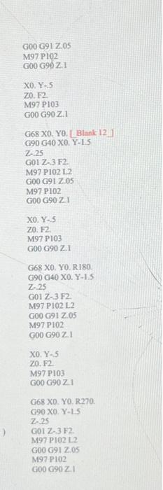 G00 G91Z.05 M97 P102 G00G96z.1 X0. Y -5 Z0. F2. M97 | Chegg.com