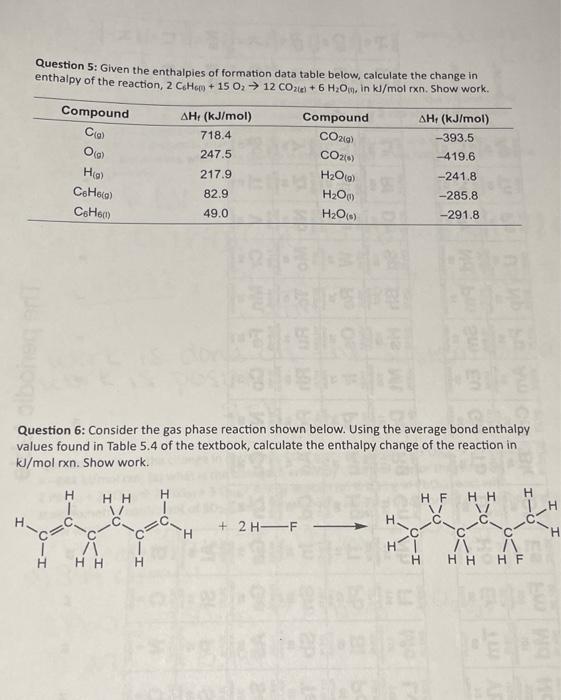 Solved Question 5: Given the enthalpies of formation data | Chegg.com