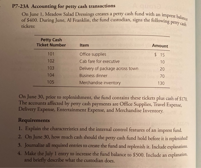 Solved in imprest balance P7-23A Accounting for petty cash | Chegg.com