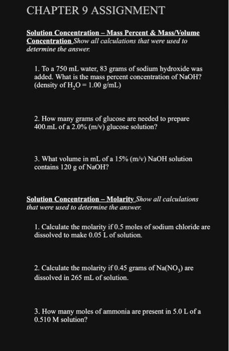 Solved CHAPTER 9 ASSIGNMENT Solution Concentration - Mass | Chegg.com
