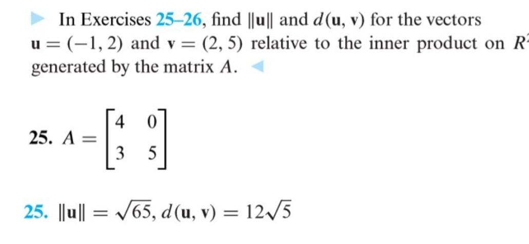 Solved In Exercises 25-26, find ||u|| and d(u, v) for the | Chegg.com