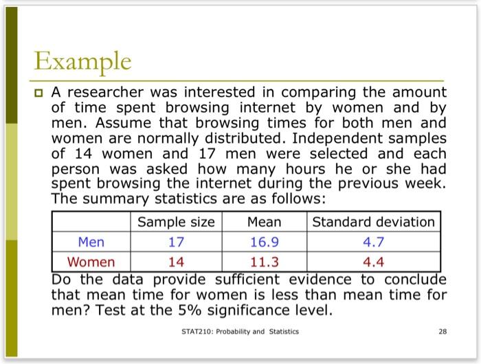 Solved Example ☐ A researcher was interested in comparing | Chegg.com