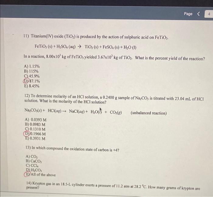 Solved FeTiO3( s)+H2SO4(aq)→TiO2( s)+FeSO4( s)+H2O(I) In a | Chegg.com