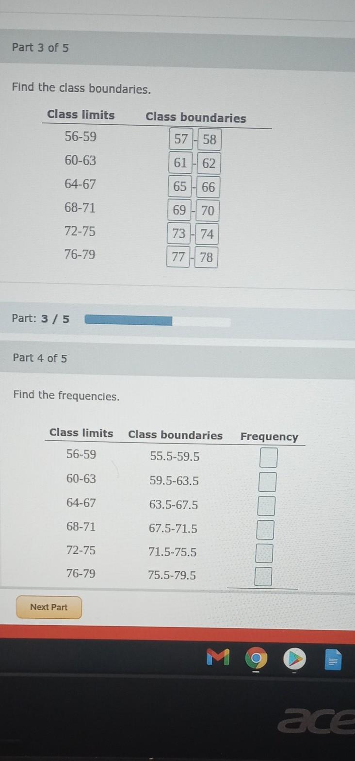 Solved Part 3 of 5 Find the class boundaries. Class limits | Chegg.com