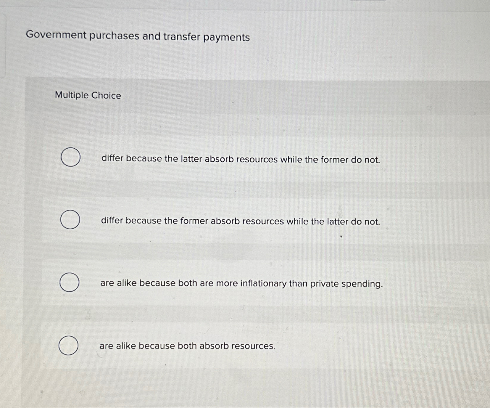Solved Government purchases and transfer paymentsMultiple | Chegg.com