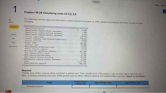Solved Problem 18-2A Classifying costs LO C2, C3 The | Chegg.com