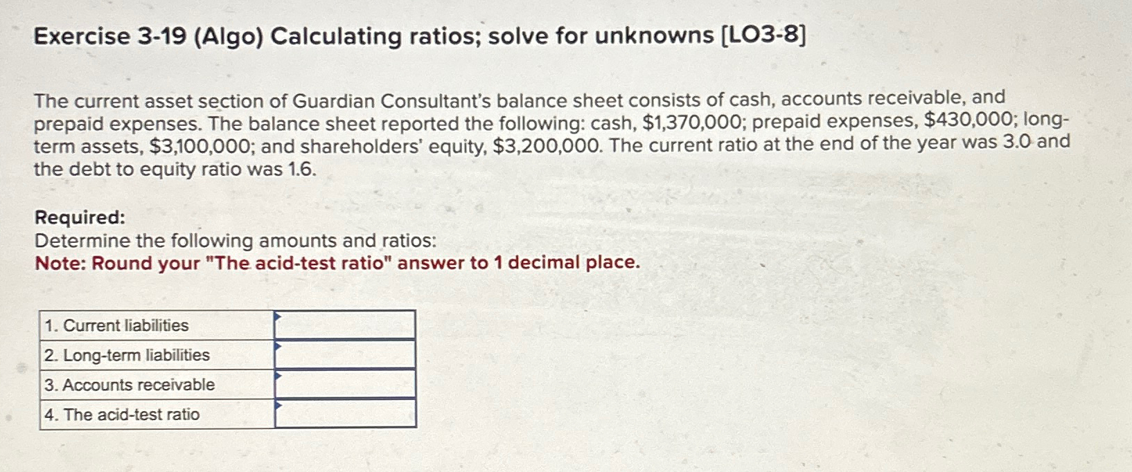 Solved Exercise 3-19 (Algo) Calculating ratios; solve for | Chegg.com Solved Exercise 3-19 (Algo) Calculating ratios; solve for | Chegg.com
