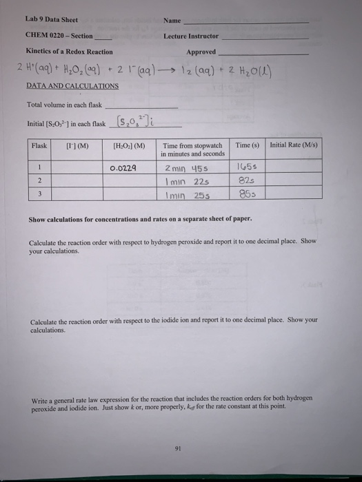 Lab 9. Kinetics of a Redox Reaction OBJECTIVE You | Chegg.com
