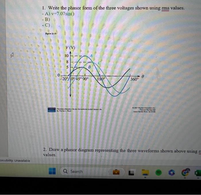 Solved 1. Write the phasor form of the three voltages shown | Chegg.com