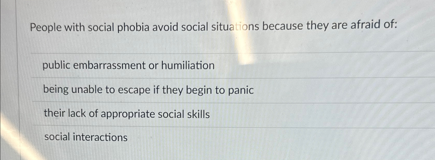 Solved People with social phobia avoid social situations | Chegg.com