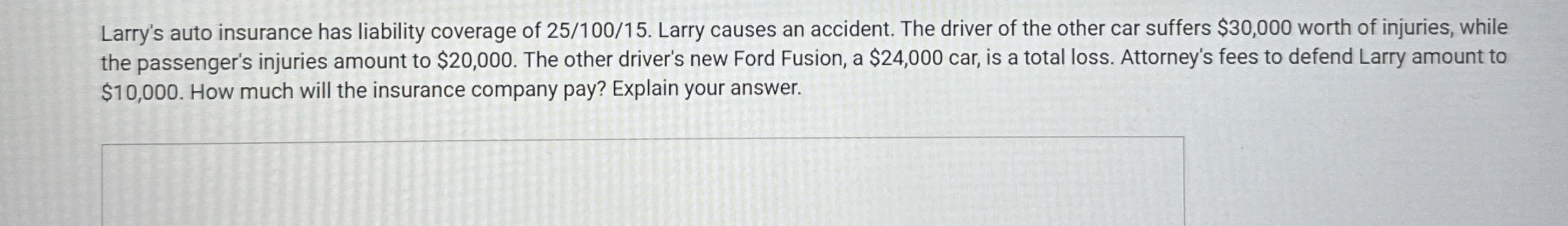 Solved Larry's auto insurance has liability coverage of | Chegg.com