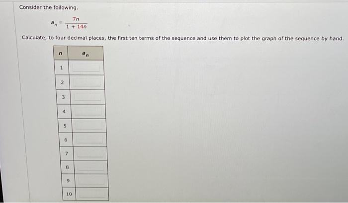 Solved Consider the following. an=1+14n7n Calculate, to four | Chegg.com