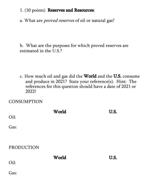 Solved 1. (10 points) Reserves and Resources: a. What are | Chegg.com