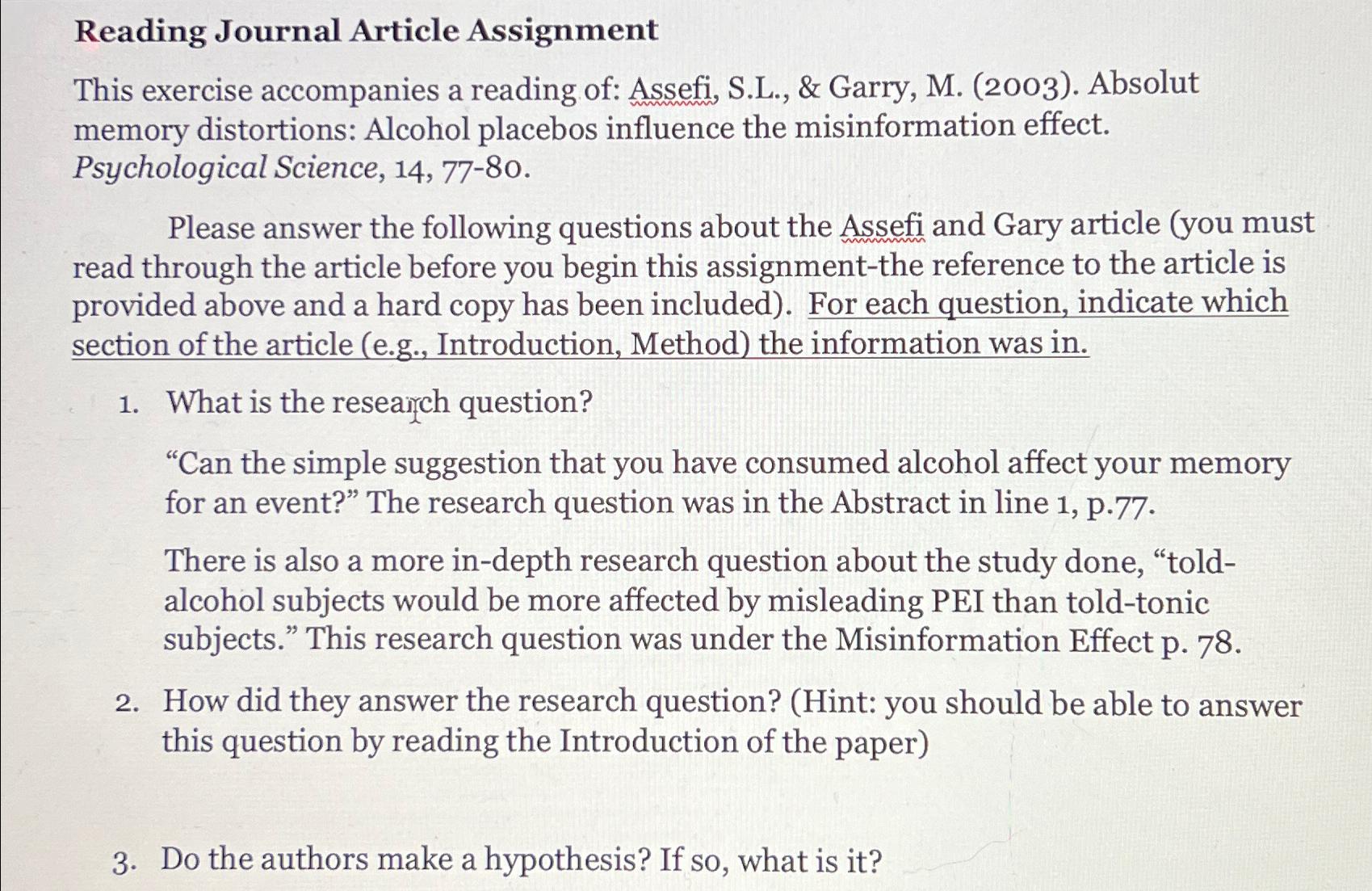 Solved Reading Journal Article AssignmentThis exercise | Chegg.com