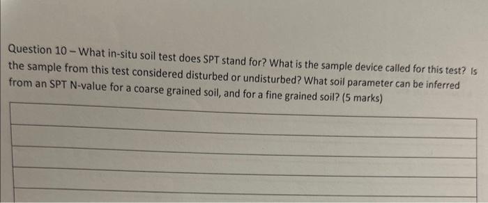 Solved Question 10 - What in-situ soil test does SPT stand | Chegg.com