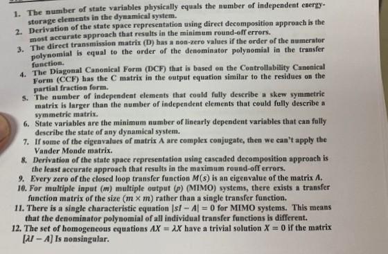 Solved 1. The number of state variables physically equals | Chegg.com