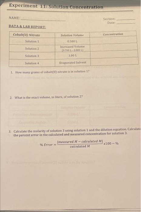 Solved Experiment 11: Solution Concentration NAME: Section | Chegg.com