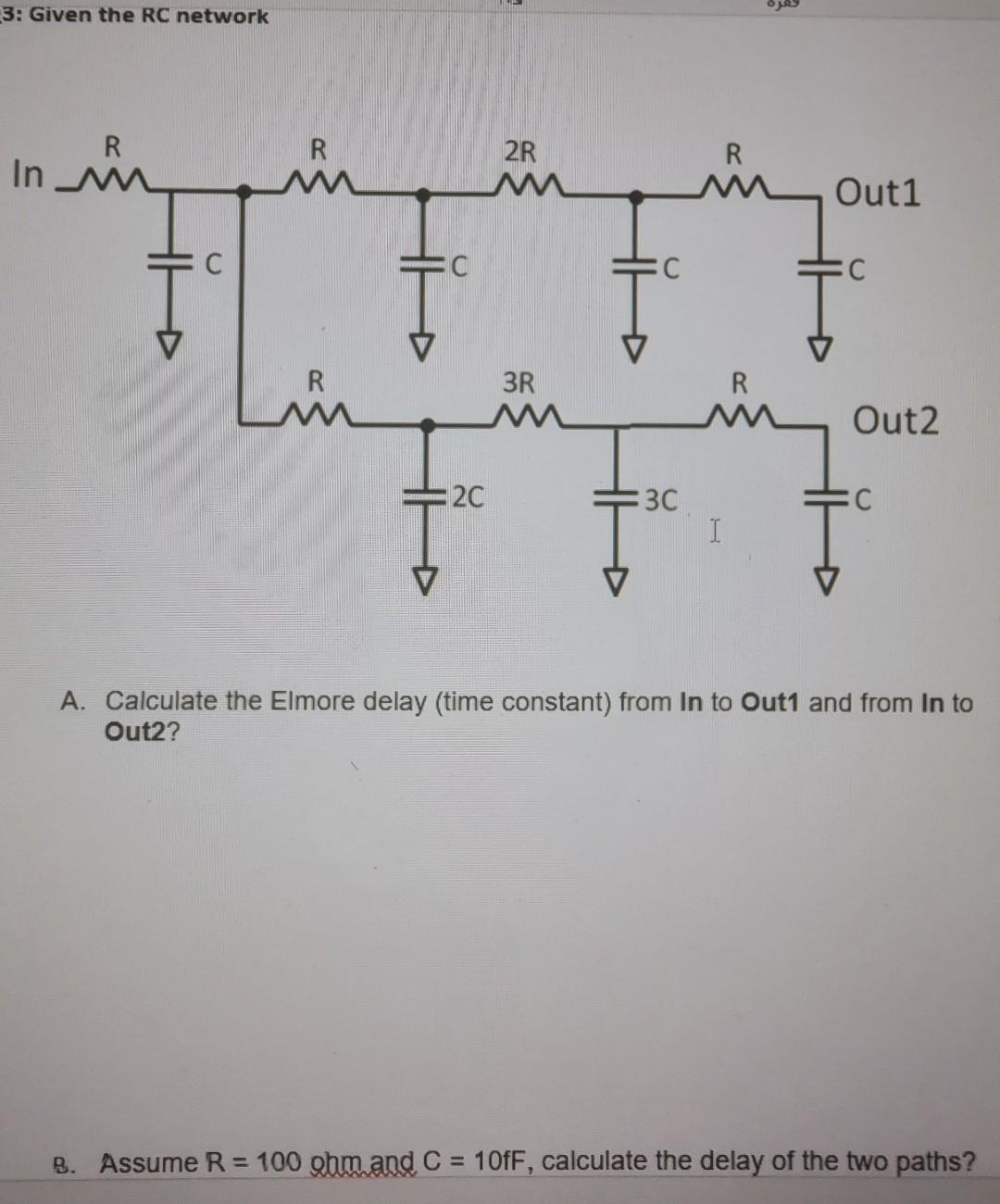 Solved 3: Given the RC network A. Calculate the Elmore delay | Chegg.com