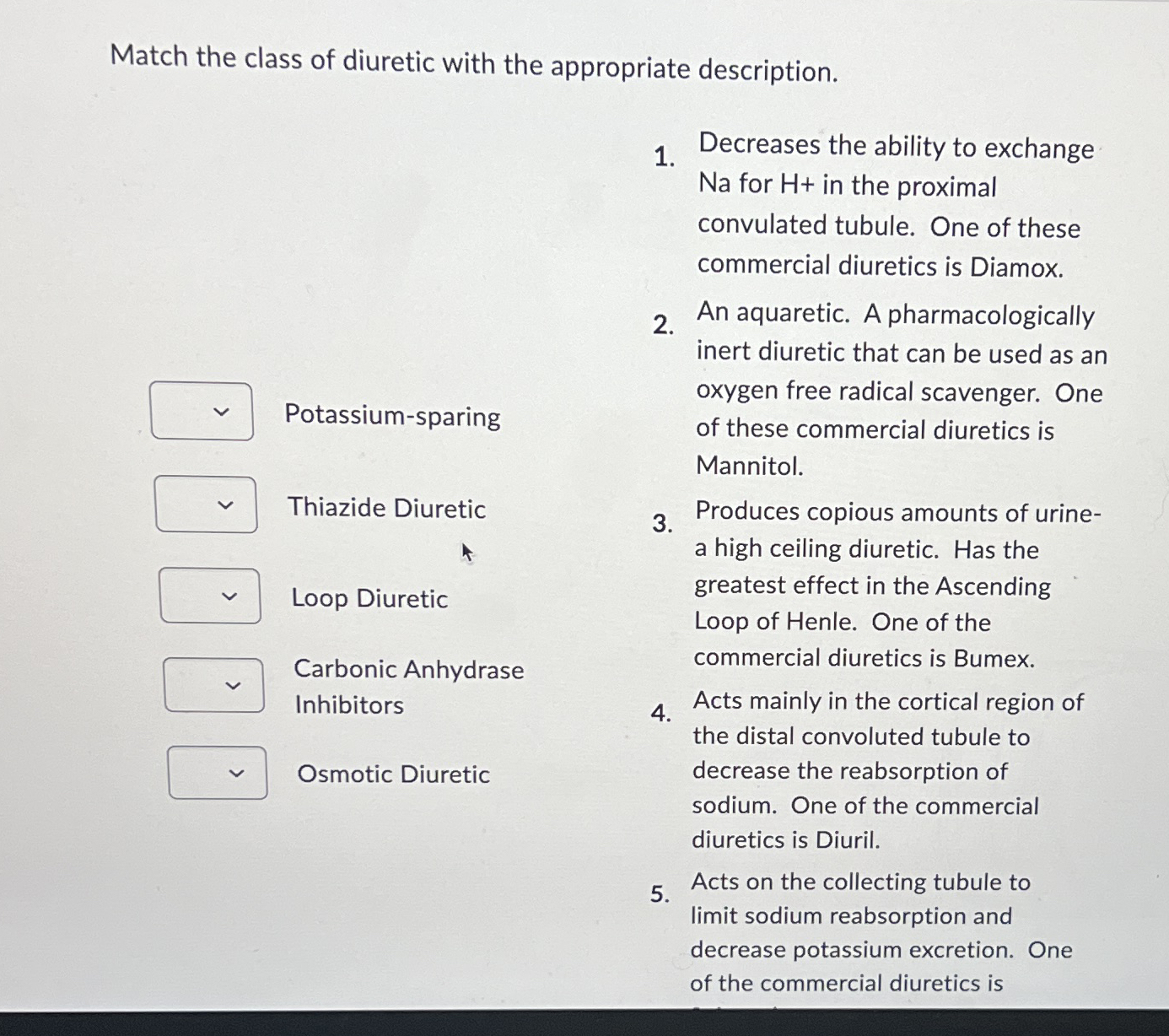 Solved Match the class of diuretic with the appropriate | Chegg.com