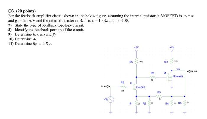 Solved Q3. (20 points) For the feedback amplifier circuit | Chegg.com