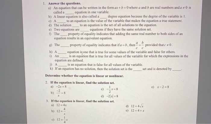 Solved с 1. Answer the questions. a) An equation that can be | Chegg.com