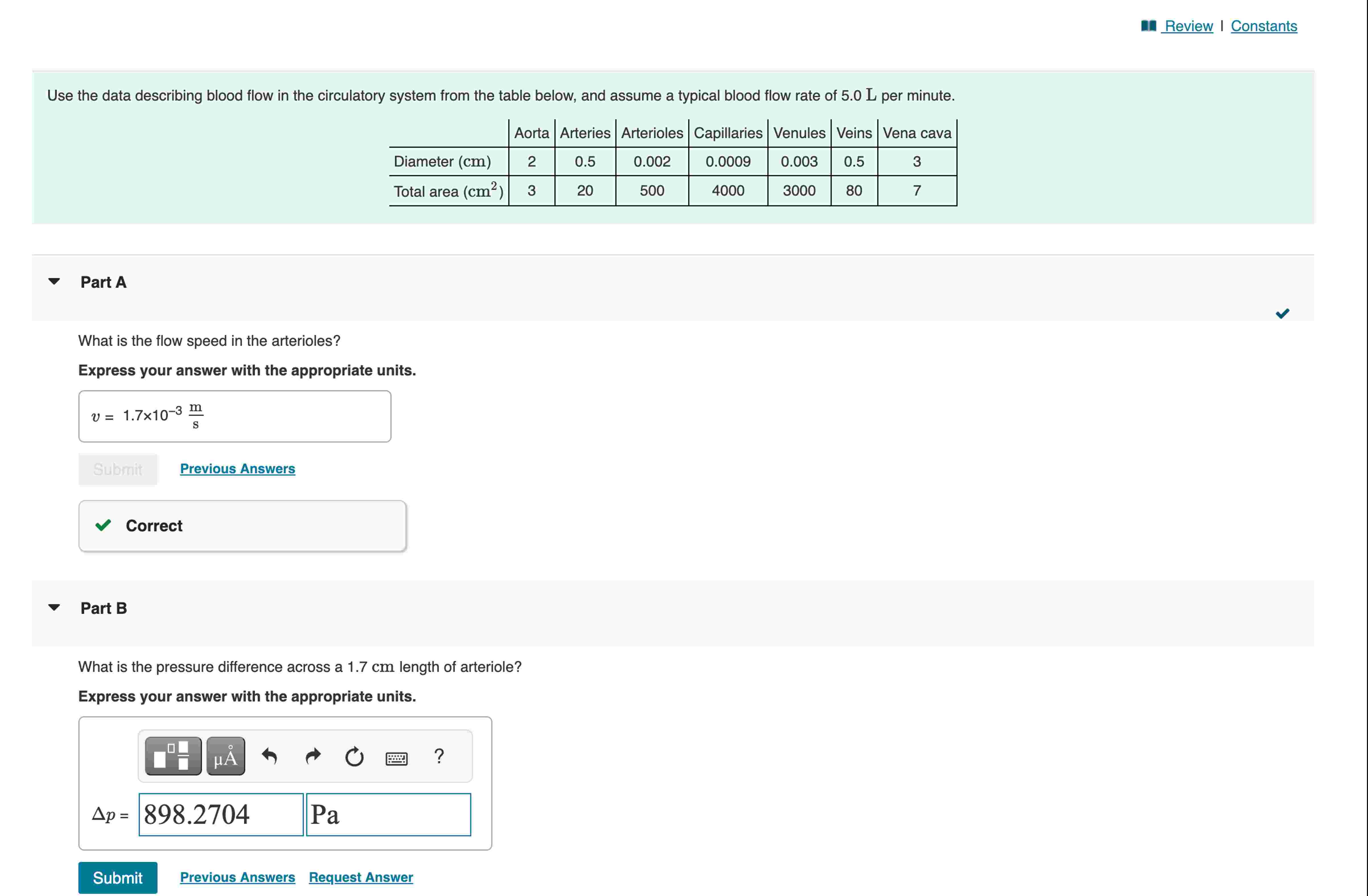 Solved Use the data describing blood flow in the circulatory | Chegg.com