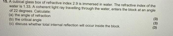 Solved 15. A cubical glass box of refractive index 2.9 is | Chegg.com
