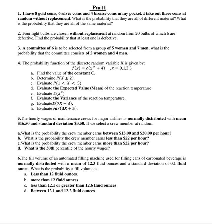 Solved Part1 1. I have 8 gold coins, 6 silver coins and 4 | Chegg.com