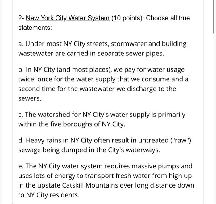 Solved 2- New York City Water System (10 points): Choose all | Chegg.com