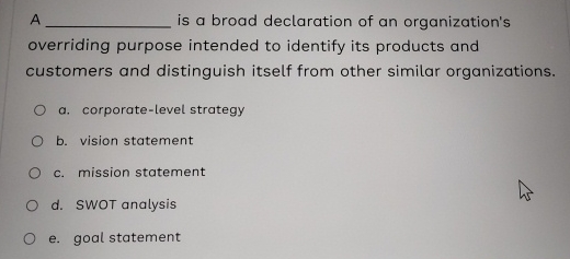Solved A is a broad declaration of an organization's | Chegg.com