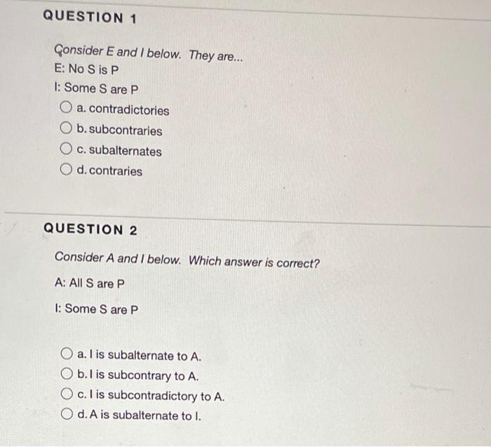Solved QUESTION 1 Consider E and I below. They are... E: No | Chegg.com