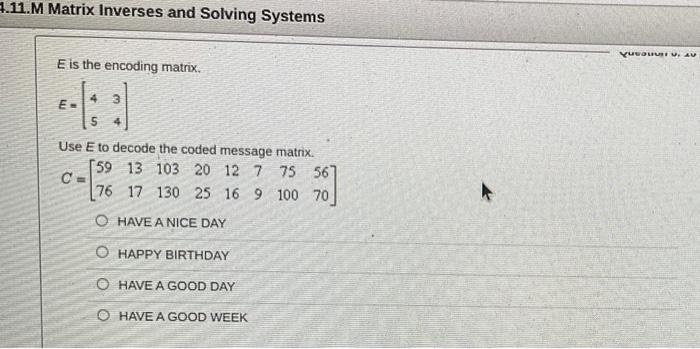 Solved 9.11. M Matrix Inverses and Solving Systems VU OLU. | Chegg.com