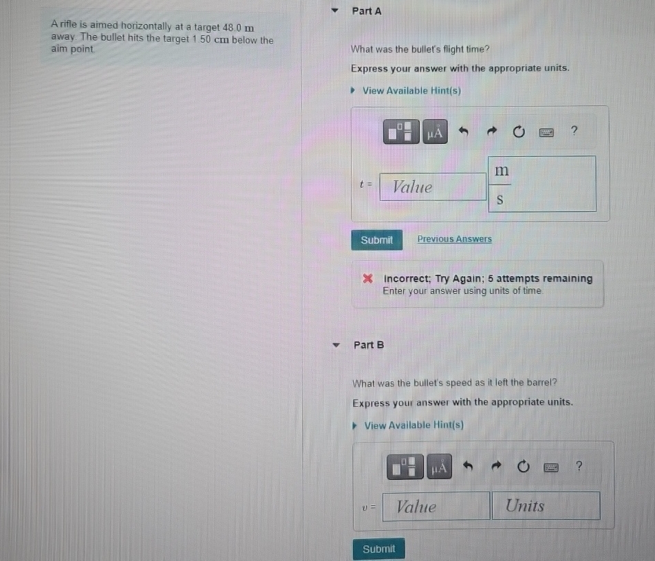 Solved Part AA rifle is aimed horizontally at a target 48.0m | Chegg.com