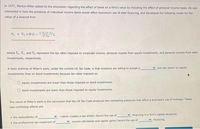 Solved Modgliani and Miller Proposition I with Taxes Debt | Chegg.com