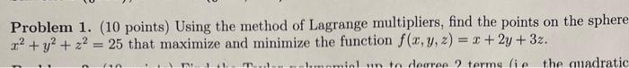 Solved Problem 1. (10 points) Using the method of Lagrange | Chegg.com