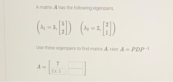 Solved A matrix A has the following eigenpairs. 2 1 = 3, A₂ | Chegg.com